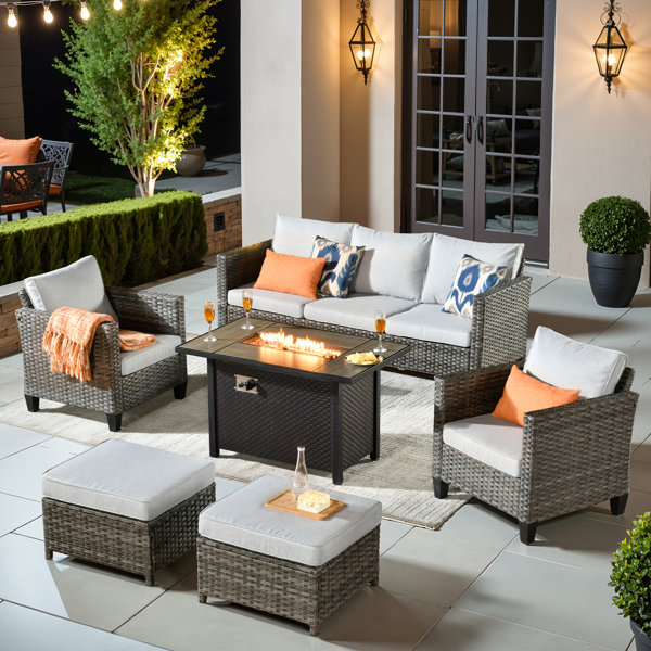 OVIOS Allcot 5 - Person Wicker/Rattan Patio Furniture Set, Outdoor Fire Pit Sofa Set with Throw ...